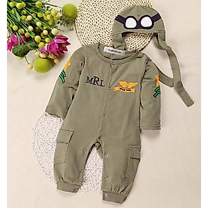 stylesilove Newborn Infant Toddler Baby Boy Army Air Force Baby Jumpsuit Romper and Hat 2-pc Cotton Outfit (70/3-6 Months)