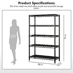 Qiaoxuan 5 Wire Shelving Utility Storage Shelf, Adjustable Heavy Duty Storage Shelving Unit, Metal Organizer Wire Rack, Standing Shelf for Laundry Bathroom Kitchen Garage (36" X 14" X 71")