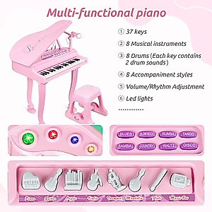 Kids Piano Keyboard Toys 37 Keys,Grand Piano for Beginners,3 4 5 6 Years Old Toddler Girl Boy Gift,Educational Musical Instrument,w/Microphone,Stool,Piano Lid,Lights,Note Stickers,Enamel Finish- Pink