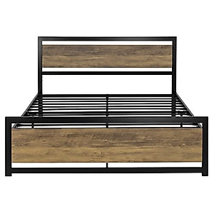 SHA CERLIN Queen Size Metal Platform Bed Frame with Wooden Headboard/Heavy Duty Bed Frame with 13 Strong Slats Support/Large Storage/Mattress Foundation/Noise-Free/No Box Spring Needed, Brown