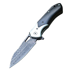 Damascus Pocket Knife, 3.54" Damascus Steel Blade Folding Knives with Wood Handle and Clip, Gift for Camping Collection