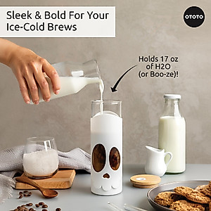 OTOTO NEW Bonesy Glass Tumbler with Straw and Lid - 17oz Cute Glass Water Bottle Tumblers, Goth Accessories, Spooky Gifts, Halloween Gifts, Skull Glass Cup with Lid and Straw, Goth Gifts (White)