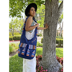 Navy Blue Cross Body Shoulder Bag with Woven Tribal Accent Design Large