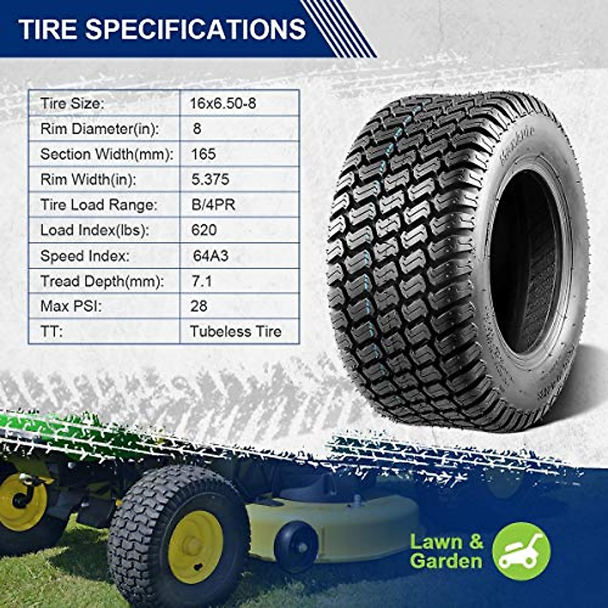 MaxAuto 2 Pcs 16x6.50-8 Lawn Mower Tire for Garden Tractors Riding Mowers, 4PR, Tubeless