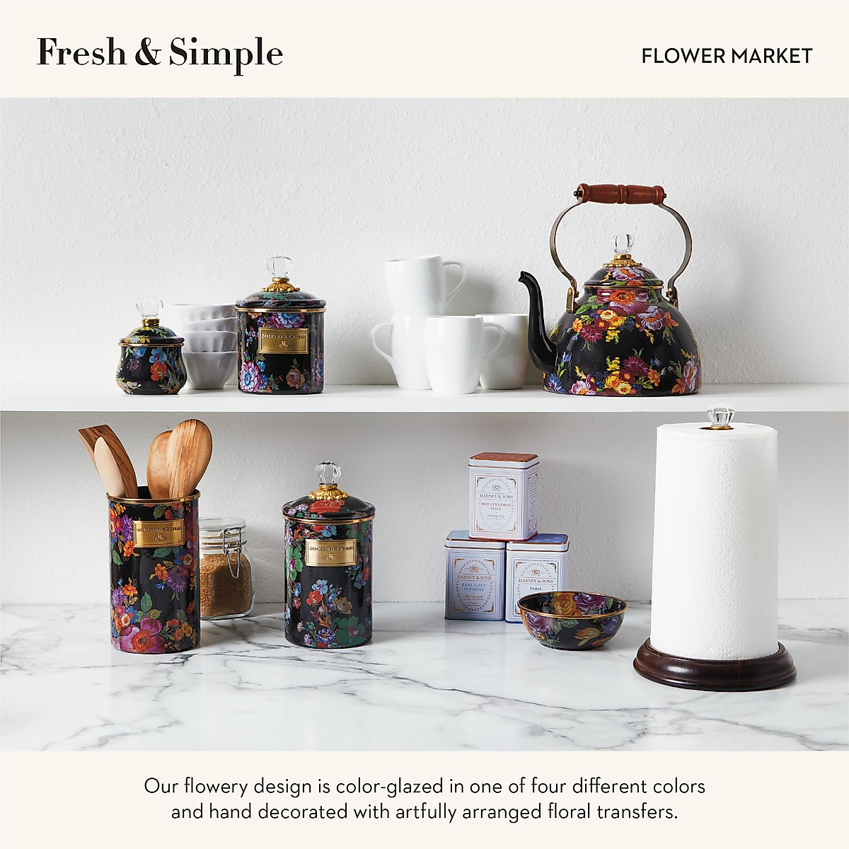 MACKENZIE-CHILDS Black Flower Market Enamel Canister, Floral Kitchen Storage Container with Lid, Medium