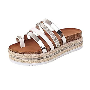Wedges Sandals for Women Size 11 Ladies Fashion Leather Lace Combination Rhinestone Decorative Sleeve Toe Thick Sole Sandals (Silver, 8)