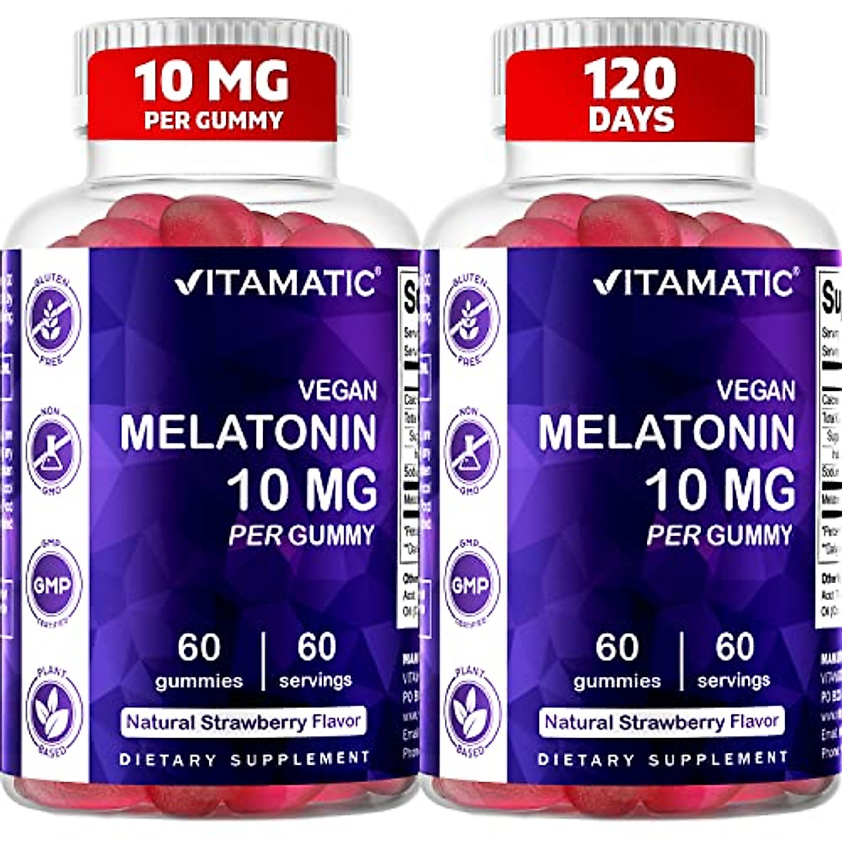 2 Pack - Vitamatic Melatonin 10mg per gummy Vegetarian Gummies - Non-Habit Forming 60 Gummies Per Bottles (Total 120 Vegan Gummies)