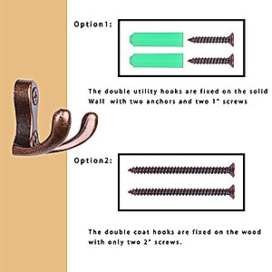 Double Utility Coat Hooks Hardware, Dual Zinc Alloy Hooks Wall Mounted Screws for Hanging Lightweight & Heavy Items Indoor&Outdoor Used, 6Sets (Bronze)