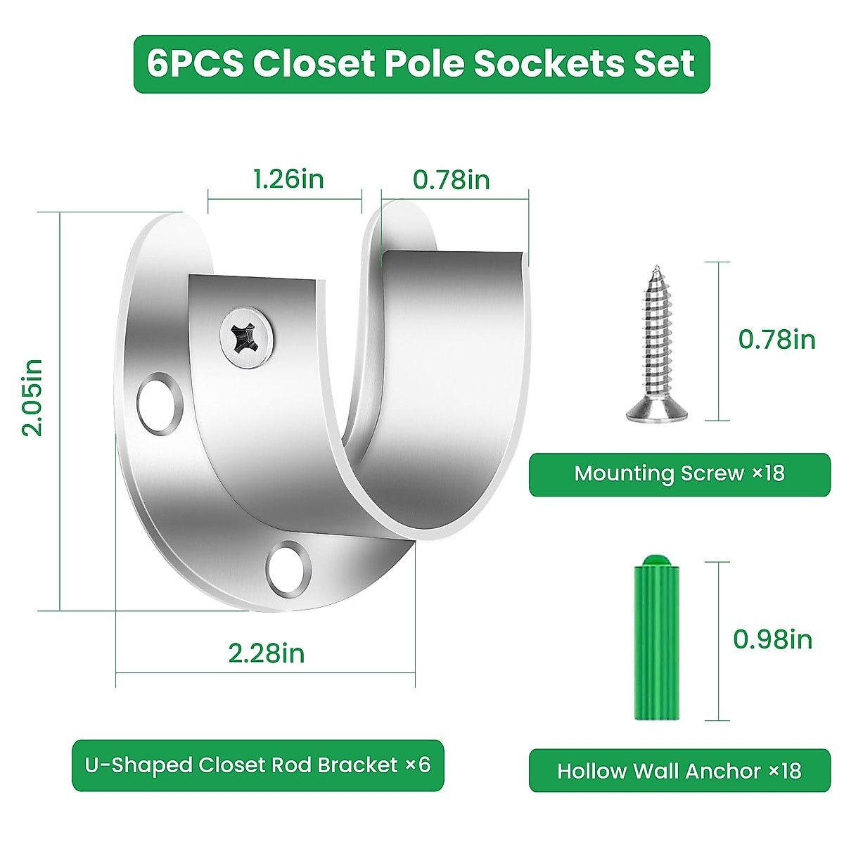 LAHONI 6PCS Closet Shelf & Rod Bracket, U-Shaped Closet Rod End Supports Set, Closet Pole Sockets Kit, Stainless Steel Closet Rod Holders for Hanging Clothes, Curtains, Shower Rods, Wardrobe, Wall