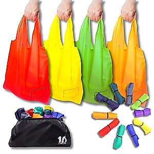 10 Reusable-Tote Grocery Bags-with handles-Foldable-Machine Washable-Comes in 10 brilliant assorted colors-Complementary carry bag-for carry 10 Reusable Bags-50lbs capacity