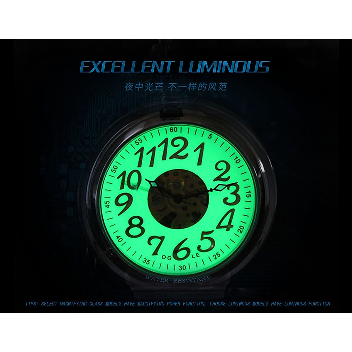 OGLE Waterproof Bronze Train Chain Large Digital Noctilucence Fob Self Winding Automatic Skeleton Mechanical Pocket Watch