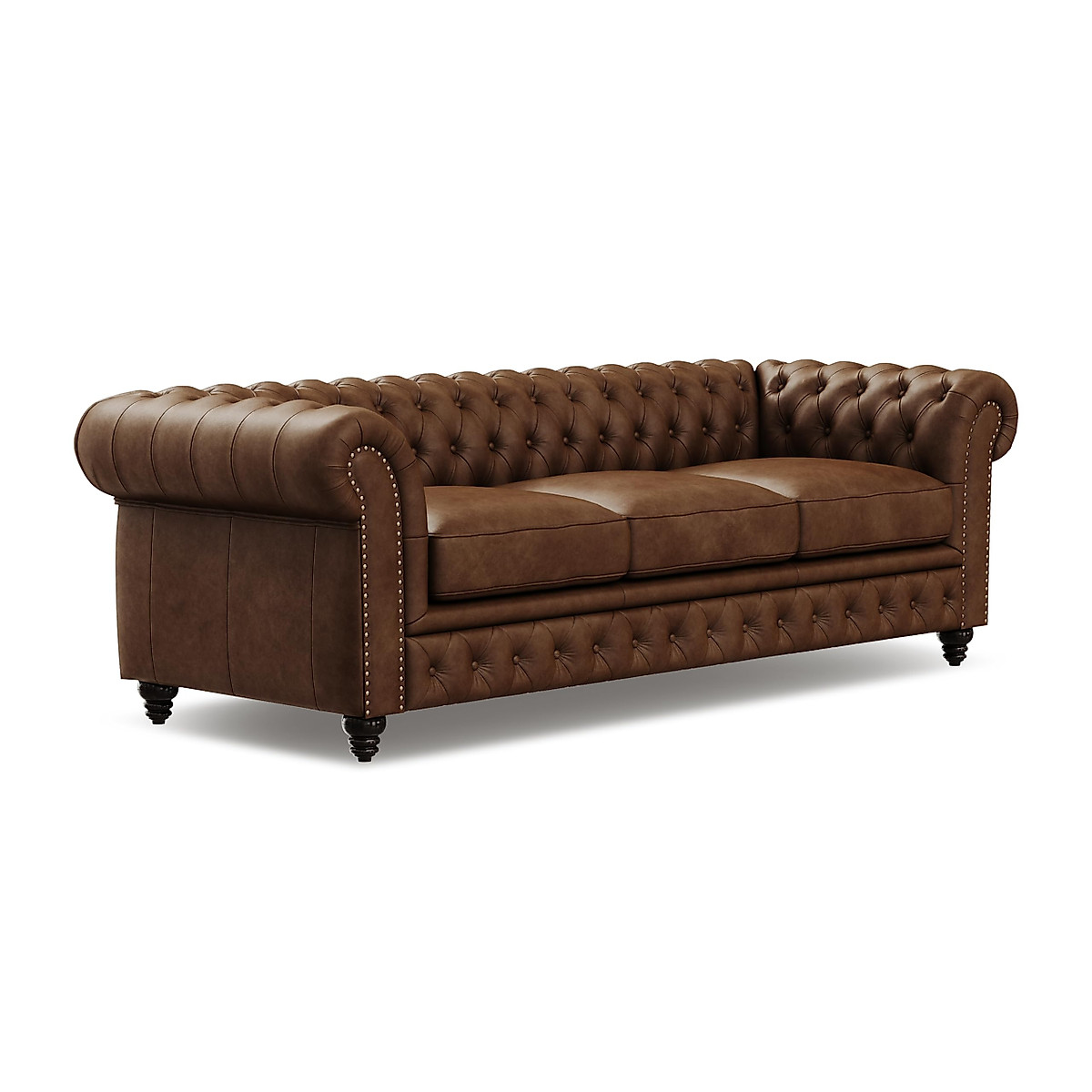 Valencia Parma 92" Leather Chesterfield Sofa | Full-Aniline 3 Seats Italian Leather Couch | Artisan Crafted Nailheads | Mid Century Classic Design - Leather Sofa, Chocolate