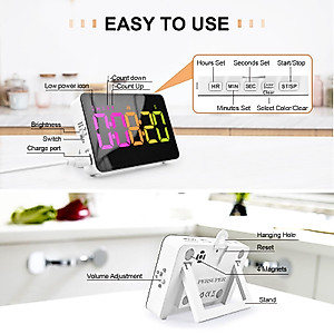 PERSUPER Kitchen Timer for Cooking, 10 RGB Color Changing Digital Magnetic Timer, Countdown/Up, Rechargeabilit, 3 Brightness Display, 3 Volume Levels and Vibration Mode, for Classroom, Study, Fitness