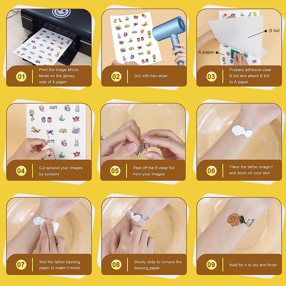 Printable Temporary Tattoo Paper for Inkjet Printer - 8.5"X11", 10 SHEETS - DIY Personalized Image Transfer Sheet for skin