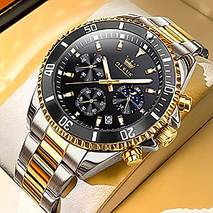 OLEVS Black Gold Watches for Men Classic with Date Business Dress Chronograph Big Face Reloj para Hombre Waterproof Luminous Mens Wrist Watch Analog Party Fashion Stainless Steel Man Watch