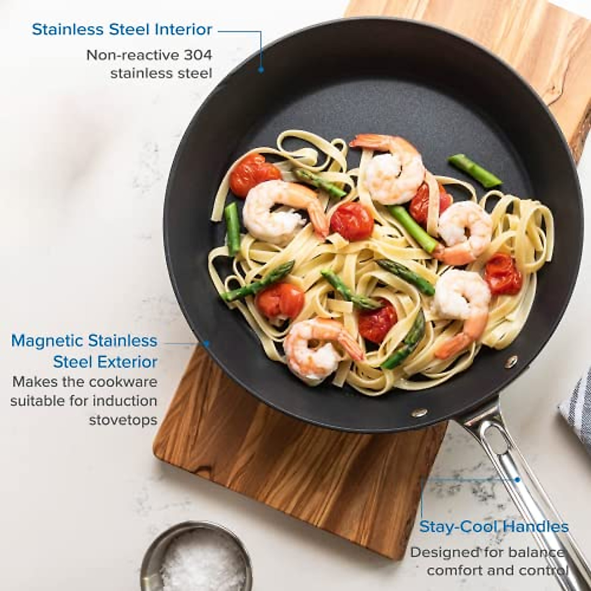 VIKING Culinary Contemporary 3-Ply Stainless Steel Nonctick Fry Pan, 8 Inch, Ergonomic Stay-Cool Handle, Dishwasher, Oven Safe, Works on All Cooktops including Induction