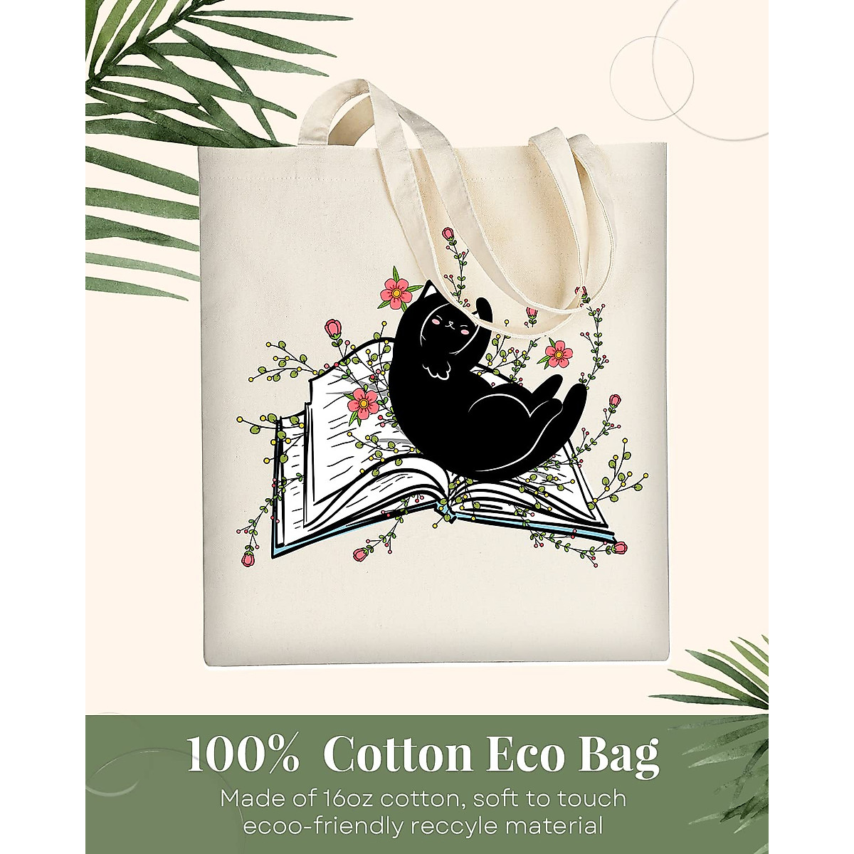 AUSVKAI Cute Book Canvas Tote Bag Aesthetic For Women Grocery Bag Cotton Beach Totes Gift-Black Cat Book