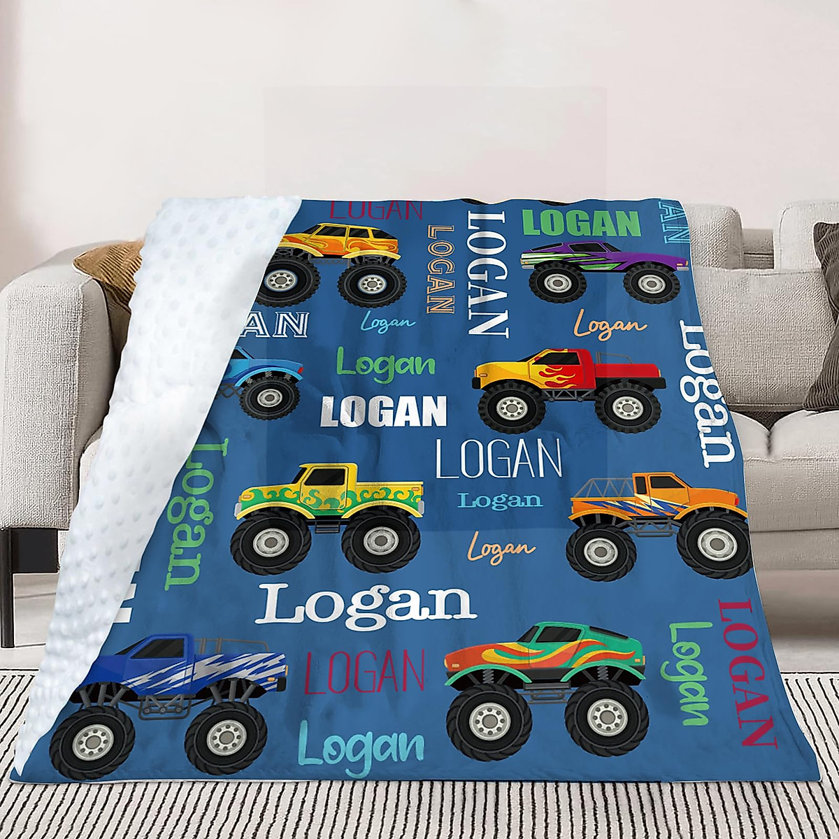 Custom Name Blanket - Personalized Flannel Bed Blanket with Double Layer Dotted Backing - Car Monster Truck Tractor Excavator Train with Multi-Fonts Name Design for Baby Kids Boys Girls Gifts Color08