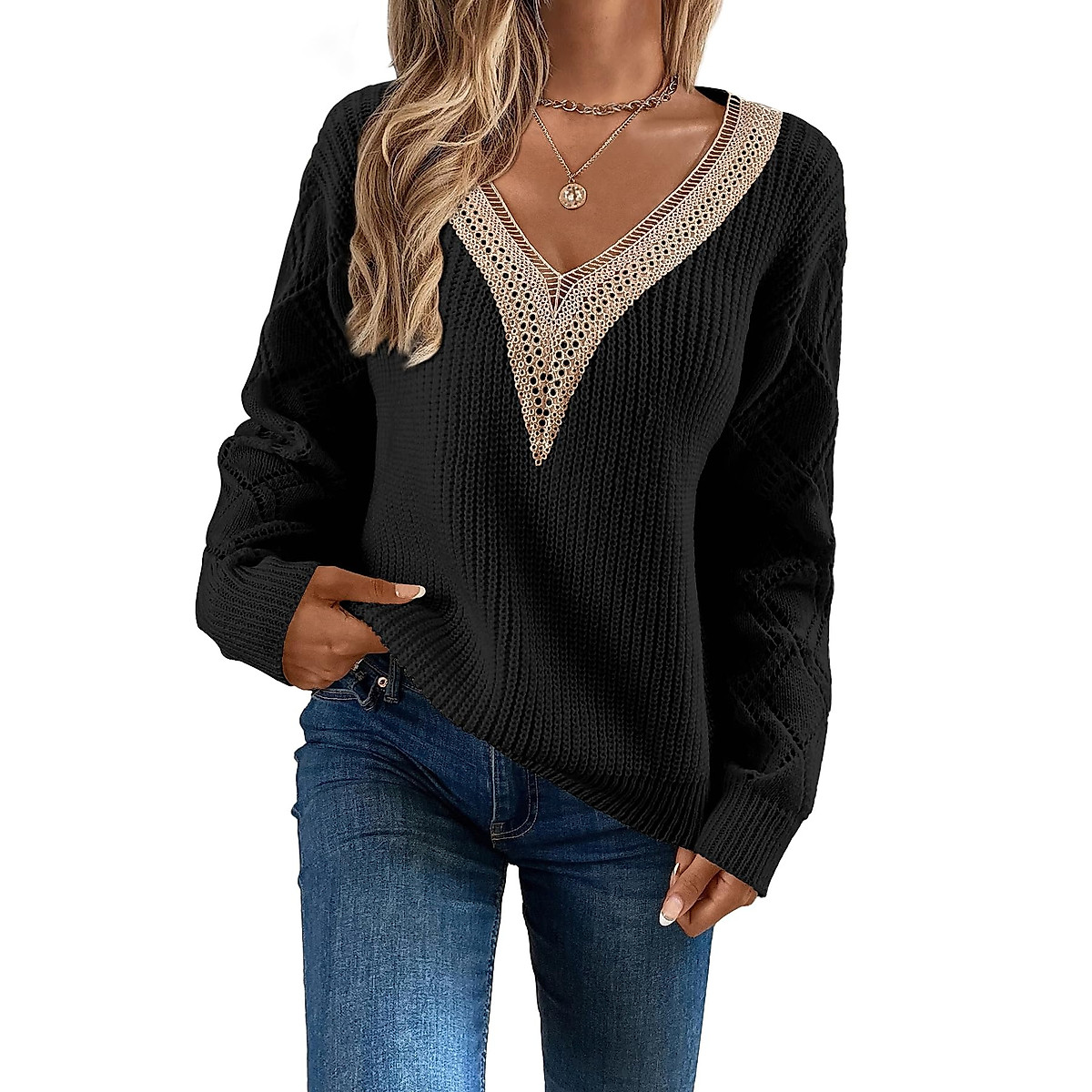 miduo Womens Long Sleeve V Neck Guipure Lace Panel Ladies Warm Ribbed Knit Pullovers Sweaters Jumper Tops Outerwear Cream White XL