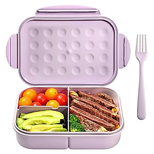 Jeopace Bento Box Adult Lunch Box,Bento Box for Adult,Lunch Containers for Adults with 3 Compartmrnts,Kids Bento Lunch Box Leakproof Microwave Safe(Flatware Included,Purple)