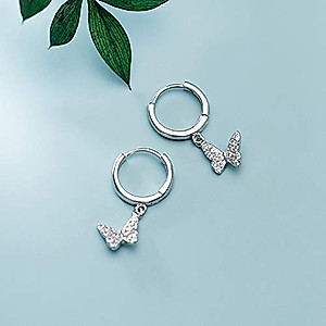 Dainty Butterfly Dangle Hoop Earrings 925 Sterling Silver for Women Girls Cute CZ Crystal Diamond Sparkly Charm Drop Cartilage Small Huggie Hoops 10mm Fashion Jewelry Christmas Gifts Hypoallergenic (Silver)