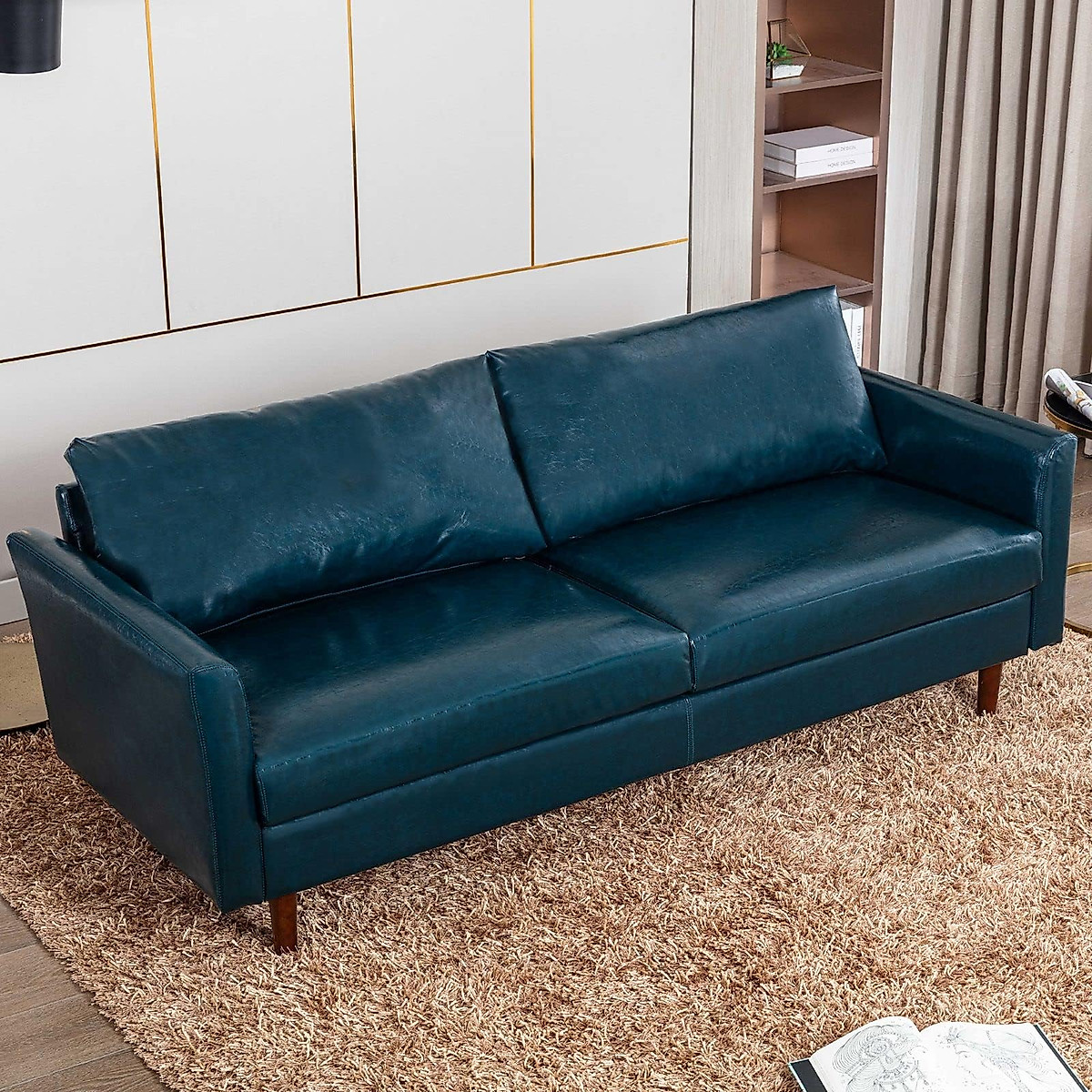 Dreamsir 80'' Faux Leather Sofa Couch, Mid-Century Modern Couch with Solid Wooden Frame & Padded Cushions, 3-Seater Couch for Living Room, Apartment, Lounge Room (Peacock Blue)
