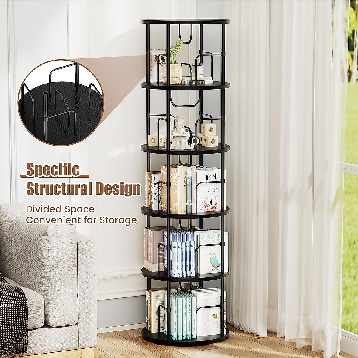 ALLSTAND 5 Tier Rotating Bookshelf, 360 ° Display Stackable Spinning Bookshelf Tower, Corner Bookshelf Tall Floor Standing Swivel Bookcase Narrow Storage Organizer for Bedroom, Living Room, Black