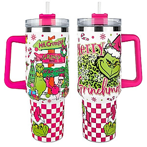BAISHIDA 40 oz Christmas Grinchi Tumbler with Handle and Straw, Stainless Steel Tumbler with Lid Straw, Car Sports Travel Cup Christmas Gift 40oz Tumblers (Christmas 1)