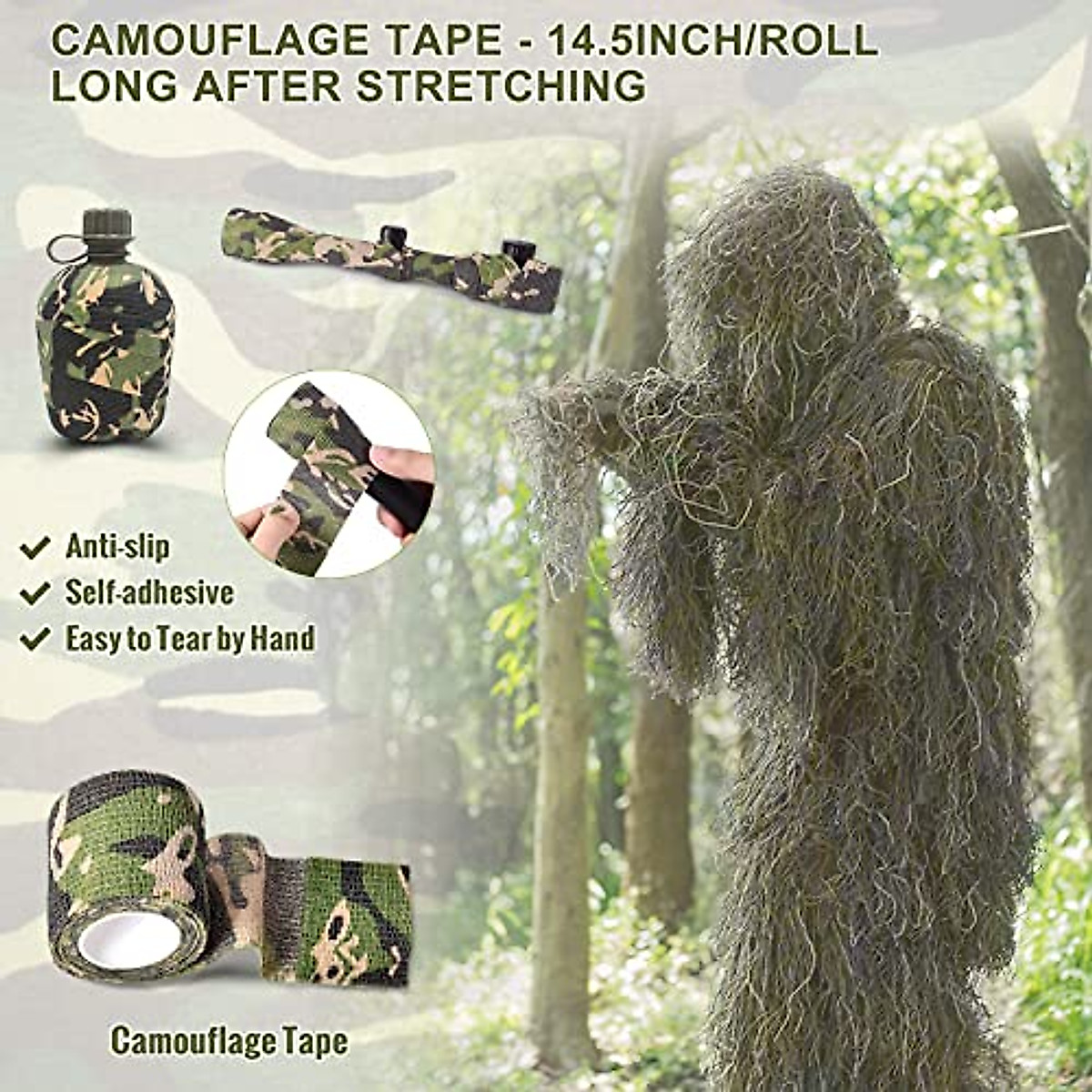Slendor 6 in 1 Ghillie Suit, 3D Camouflage Hunting Apparel Camo Hunting Clothes, Bushman Costume Including Jacket, Pants, Hood, Carry Bag, Suitable for Kids, Hunters, Paintball