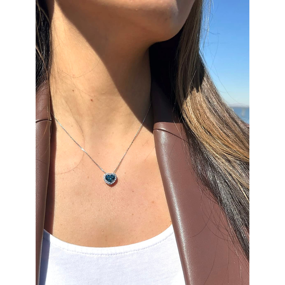 LE VIAN 2 1/2 Carat White and Blue Topaz Heart Halo Pendant Necklace for Women in 14k White Gold on 18 Inch Long Chain