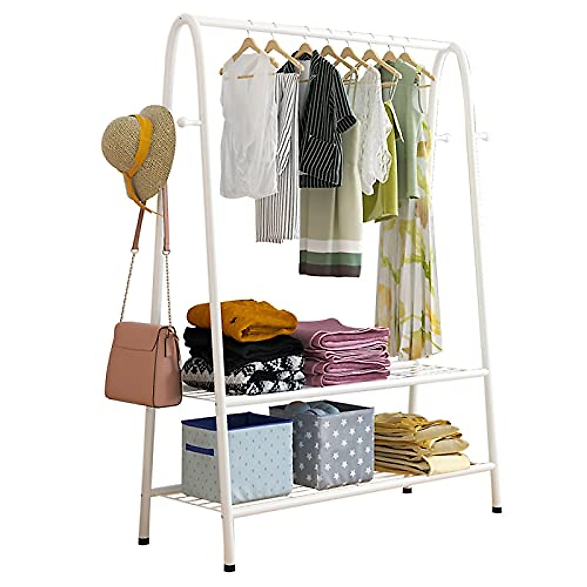 FAXIOAWA Coat Racks Clothes Rail Garment Rack with Shelves Metal Garment Display Stand Cloth Drying Rack Hanger for Hanging Clothes Boxes Shoes Boots/108X43X150Cm