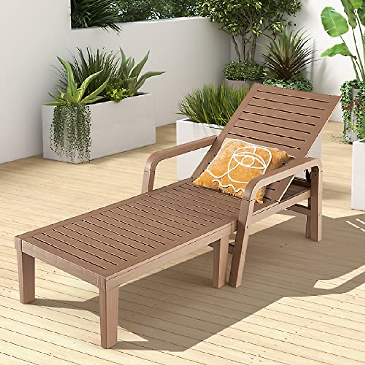 Tangkula Chaise Lounge Chair for Outside, Waterproof PP Patio Lounger with 4-Level Adjustable Backrest and Wood Texture Surface, Outdoor Recliner Chair with Armrests for Poolside Backyard (1, Natural)