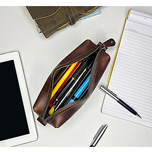 RUSTIC TOWN Leather Pencil Case - Handcrafted Full-Grain Zipper Leather Pen Pencil Holder - Elegant & Practical Pencil Pouch for Work & Office