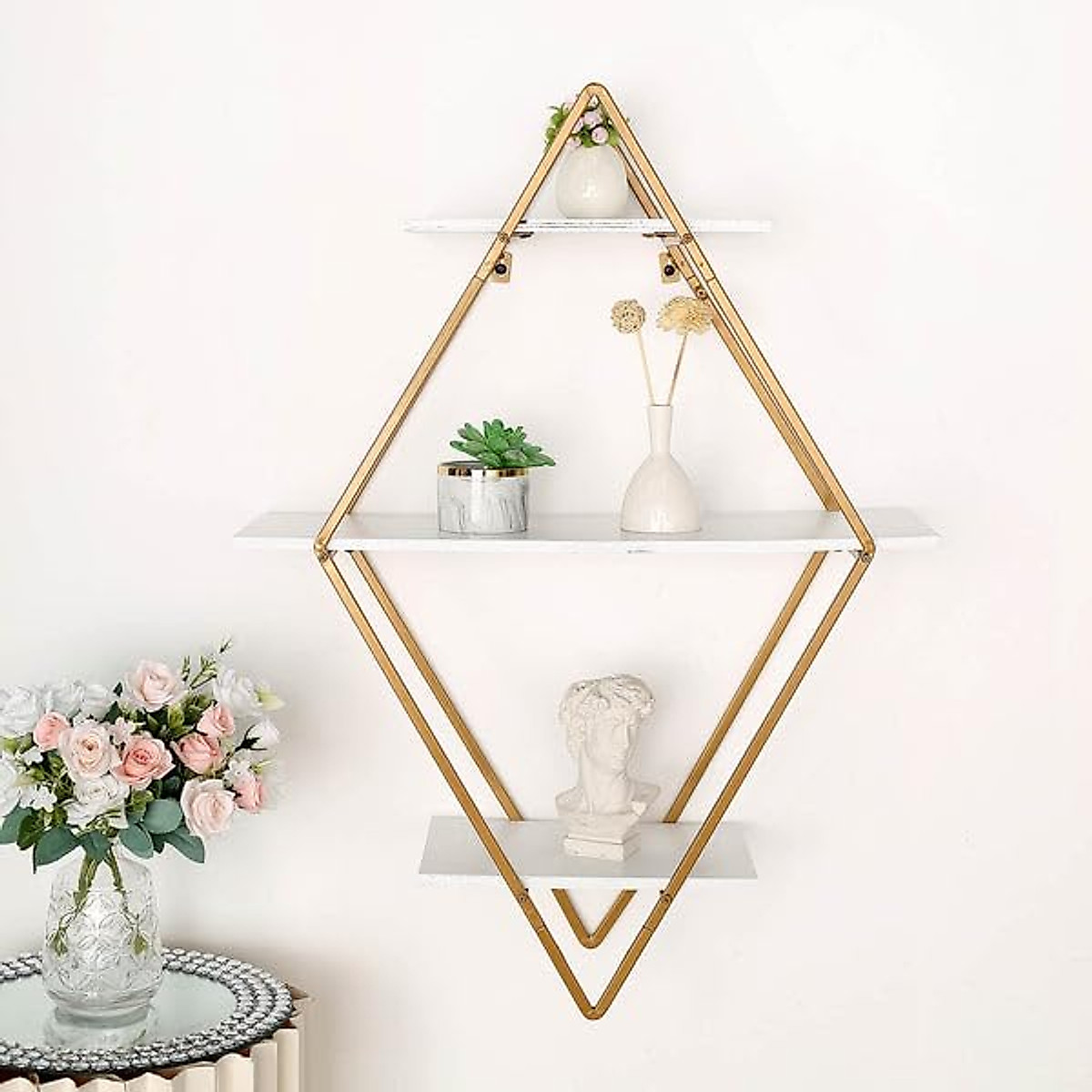 Efavormart 31" Geometric Diamond Shaped 3-Tier Gold Metal Dessert Cupcake Stand Rack, Wall Hanging Display Shelf Display, Book Shelf with White Wood Panels