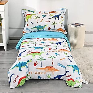 Wowelife Toddler Bedding Set Dinosaur for Boys, Premium 4 Piece Toddler Bed Set White Blue, Super Soft and Comfortable for Toddler