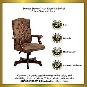 Merrick Lane Versailles Bomber Brown Ultra-Suede Victorian Style 360° Swivel High-Back Office Chair with Padded Scrolled Arms and Wood Capped Metal Base