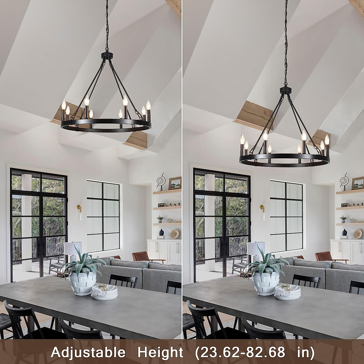 ADSENSTY Black Wagon Wheel Chandelier, 8 Lights Chandelier for Dining Room Light Fixture Round Industrial Pendant Light Fixtures for Living Room Foyer Entryway