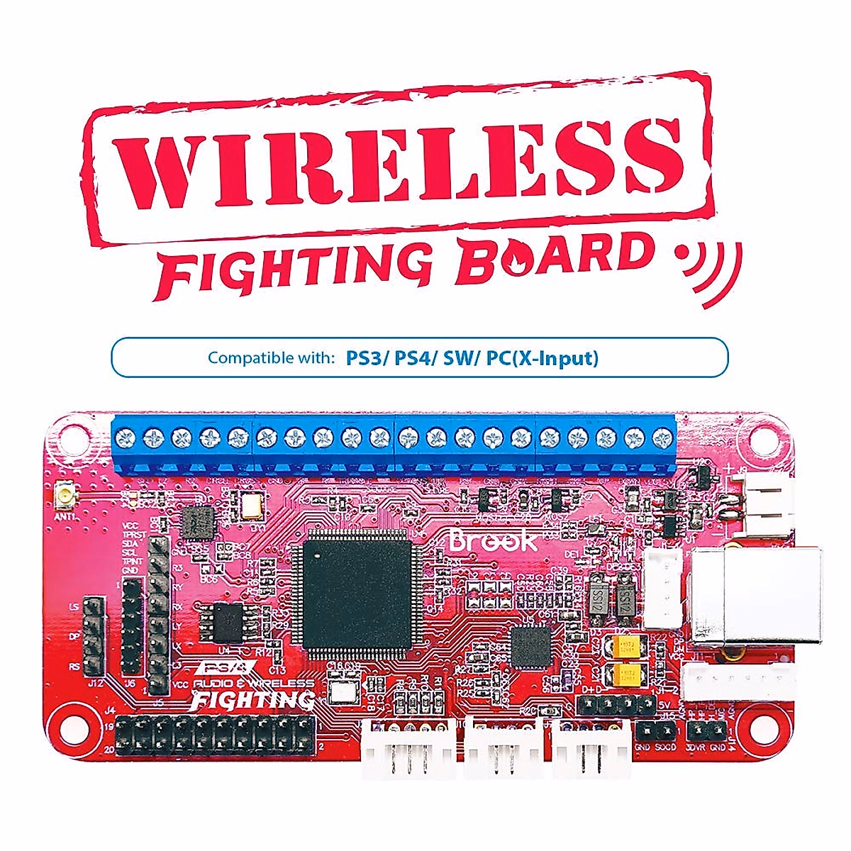 Brook Wireless Fighting Board - Pre-installed Header Version, For PS4/PS3/Switch/PC Consoles, Support 3D-VR, 3.5mm audio connector(PS4), Two analog sticks, Tournament mode, Touchpad and Turbo Function