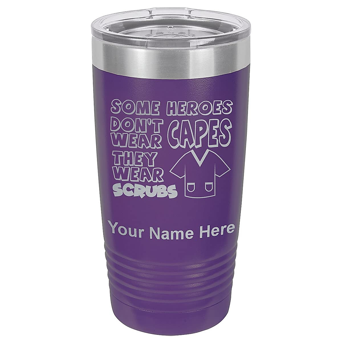 LaserGram 20oz Tumbler Mug | Some Heroes don't Wear Capes, They Wear Scrubs | Personalized Engraving Included (Dark Purple)