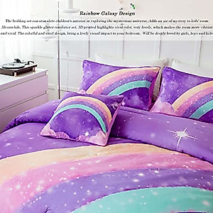 ANGIYUIN Purple Twin Bed in A Bag, 6 Pieces Rainbow Gradient Glitter Bedding Sets for Girls, 3D Galaxy Nebula Kids Comforter Set with Comforter Sheets Pillowcases for All Season