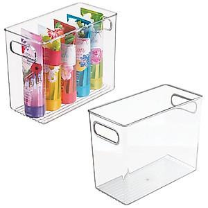 mDesign Slim Plastic Storage Container Bin with Handles - Bathroom Cabinet Organizer for Toiletries, Makeup, Shampoo, Conditioner, Face Scrubbers, Loofahs, Bath Salts - 5" Wide, 2 Pack - Clear