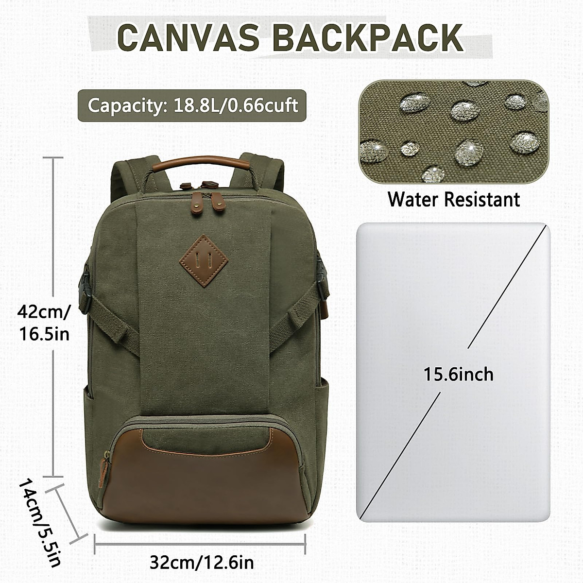 Kasqo Laptop Backpack 15.6 Inch Canvas Waterproof Anti Theft Business Travel College School Computer Bookbag Carry on Bag with USB Charging Port for Women Men, Black