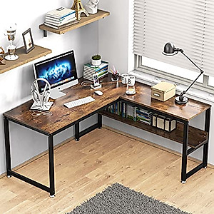 WiberWi L Shaped Desk, Office Computer Corner Desk, 55 inch Home Gaming Desk Table, Writing Study Workstation with Storage Shelves for Home Office, Space-Saving, Industrial, Rustic Brown