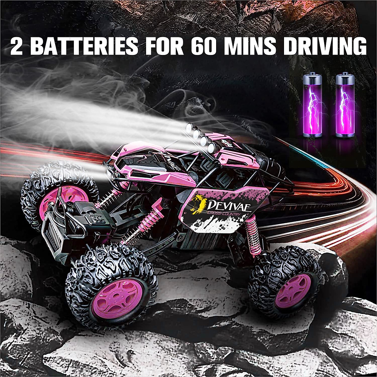 CROBOLL 1:12 Large RC Cars Toys for Boys Girls with Lifting Function, 4WD Remote Control Car Gifts for Kids 4X4 Off-Road RC Rock Crawler, 2.4GHz RC Truck with 2 Batteries 60Mins Play(Pink)