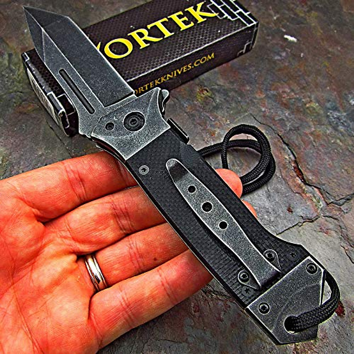 VORTEK Ball Bearing Pivot System Heavy Duty EDC Folding Pocket Knife: 8Cr13MoV Razor Sharp Blade - LMF Style Pommel with Lanyard - Smooth Fast One Hand Opening
