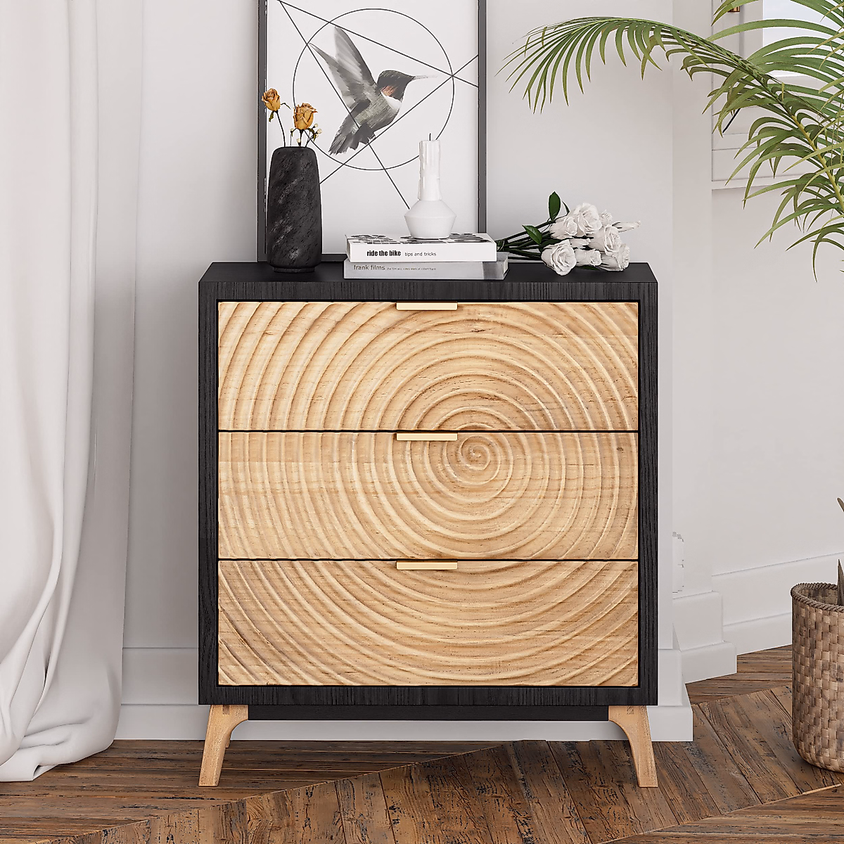 LONYKE 3-Drawer X 2P Farmhouse Dresser with Handcrafted Wood Ring Motif, Black Nightstand for Bedroom, Fully-Assembled, Morden Rustic