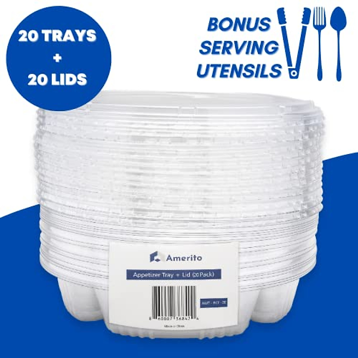 Amerito 20 Pack Clear Disposable Plastic Appetizer Trays with Lids - Divided Party Platter Container for Serving/Storing Food, Fruits & Veggies, Snacks, Candy & Nuts