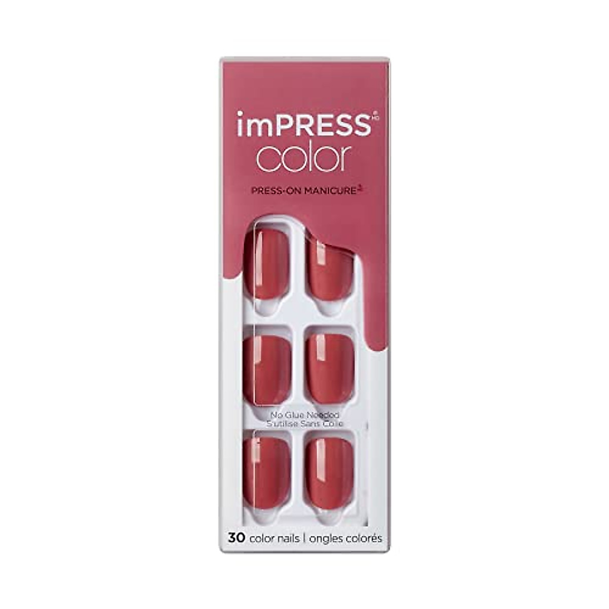 KISS imPRESS Color Polish-Free Solid Color Press-On Nails, PureFit Technology, Short Length, Platonic Pink', Includes Prep Pad, Mini Nail File, Cuticle Stick and 30 Fake Nails