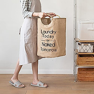 Laundry Basket Organizer Collapsible Waterproof Burlap Foldable Laundry Sorter Hamper Bin Basket for Clothes With Bamboo Handles (Brown, 19.3"(H) x 15.0" (D))