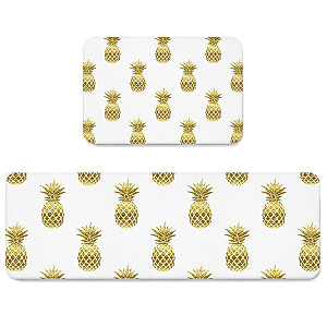 Kitchen Mat Set of 2, Gold Fruit Pineapple Filling Non Slip Kitchen Rugs and Mats for Floor, White Absorbent Bath Runner Rug Set Washable Floor Mats for Home Entrance/Kitchen Sink/Bathroom Tub